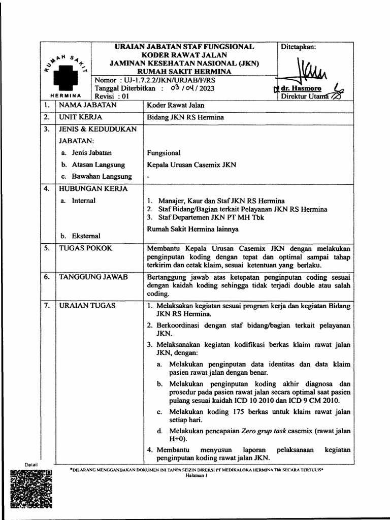 UJ-1.7.2.2 Staf Fungsional Koder Rawat Jalan Jaminan Kesehatan Nasional (JKN) RS Hermina | PDF