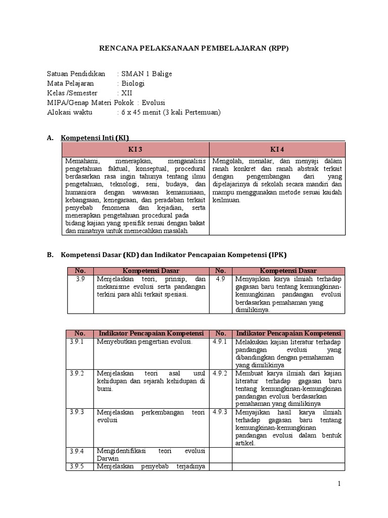 RPP Pertemuan 1 Evolusi | PDF
