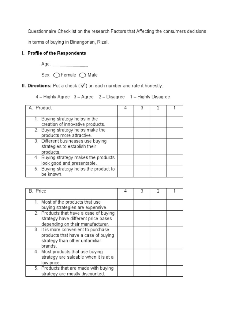Questionnaire Checklist On The Research Factors That Affecting The ...