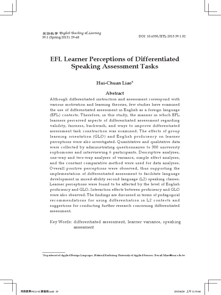 EFL Learner Perceptions of Differentiated Speaking Assessment Tasks | PDF