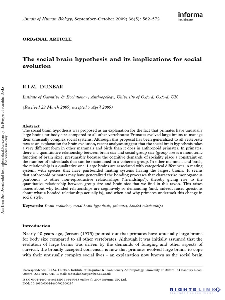 The Social Brain Hypothesis and Its Impl | PDF | Brain | Monogamy