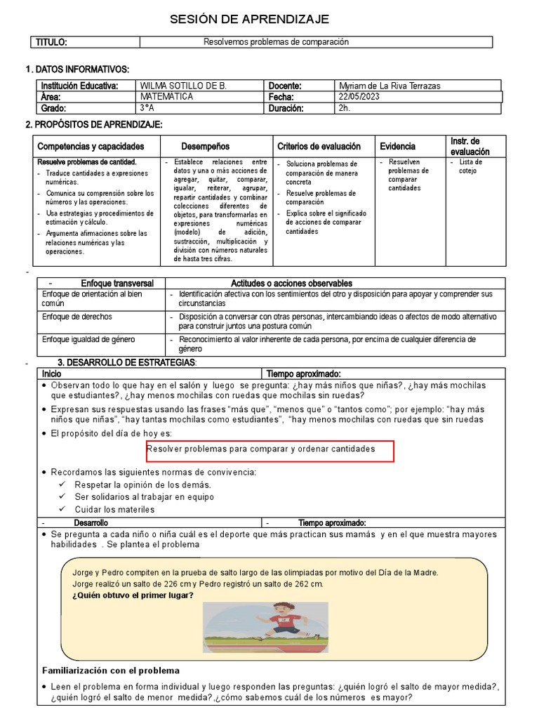 Sesión de Aprendizaje Resolvemos Problemas de Comparacion | PDF