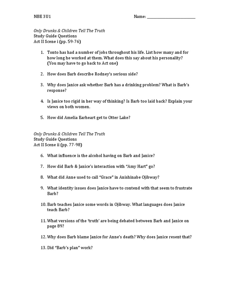 Only Drunks and Children Tell The Truth Act 2 Questions | PDF
