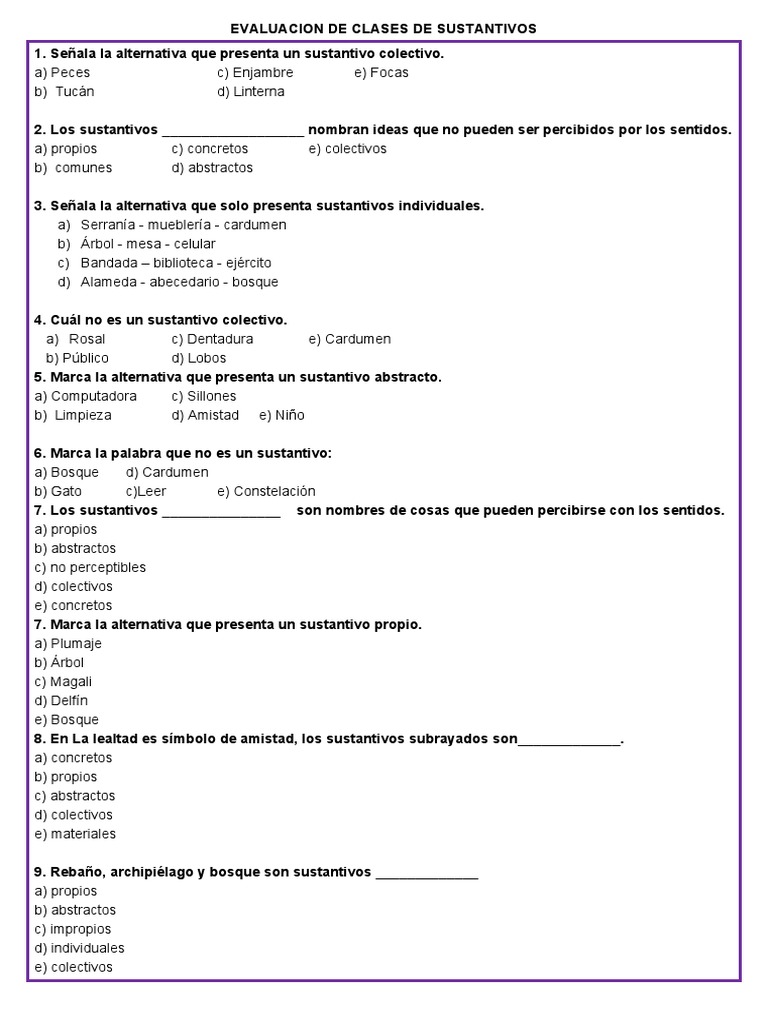 Evaluacion de Clases de Sustantivos | PDF