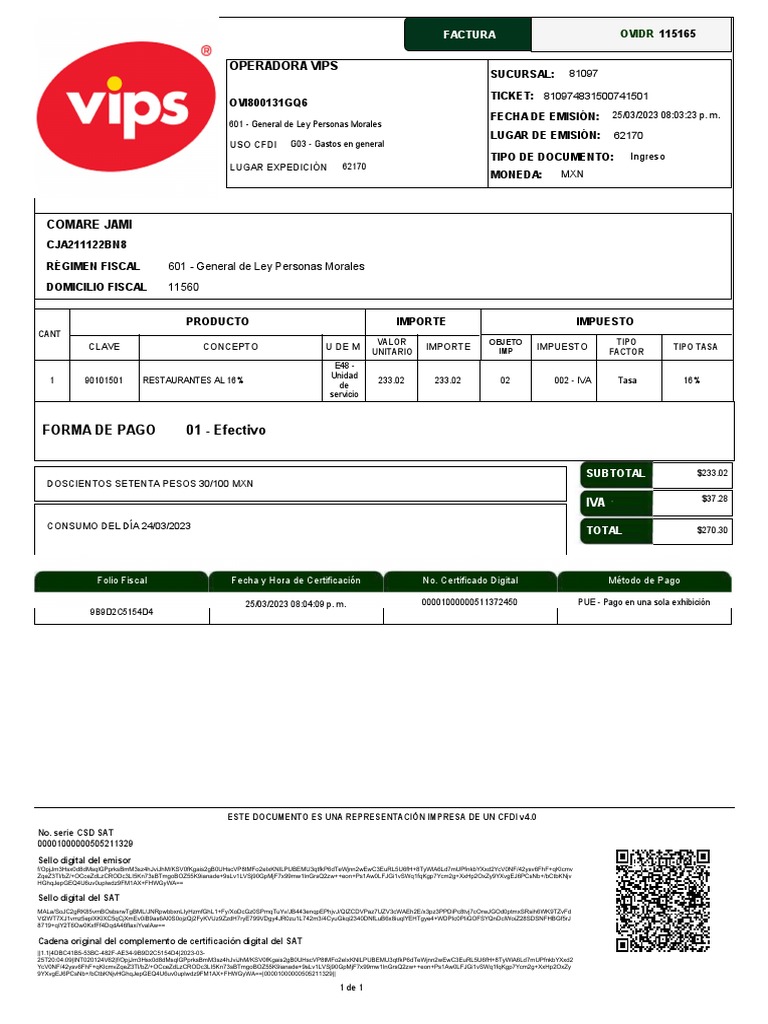 Régimen Fiscal 601 para Operadora VIPS | PDF | Economias | Pagos