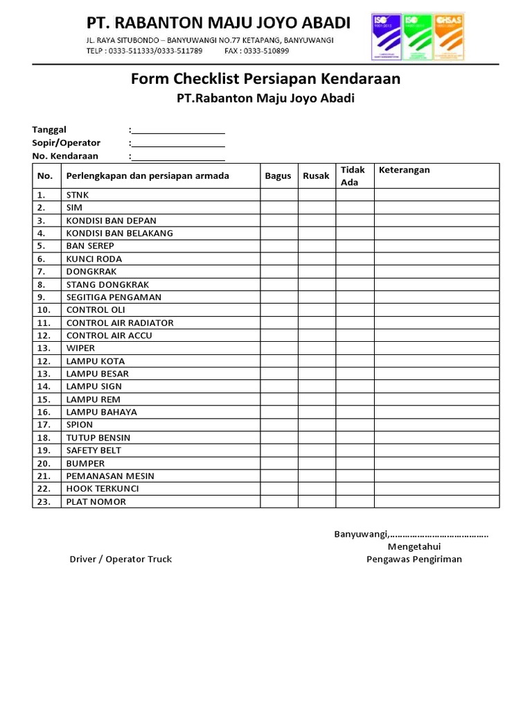 Checklist Persiapan Kendaraan PT Rabanton | PDF