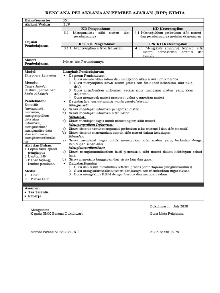 RPP Kimia Kelas X (1 Tahun) | PDF