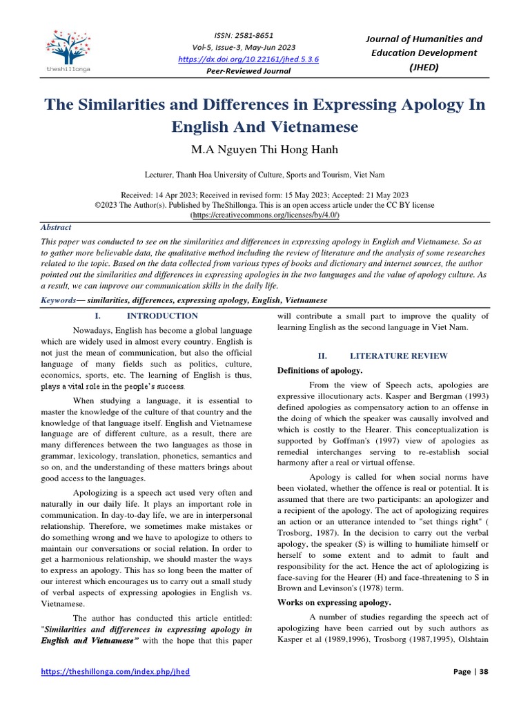 The Similarities and Differences in Expressing Apology in English and Vietnamese | PDF ...