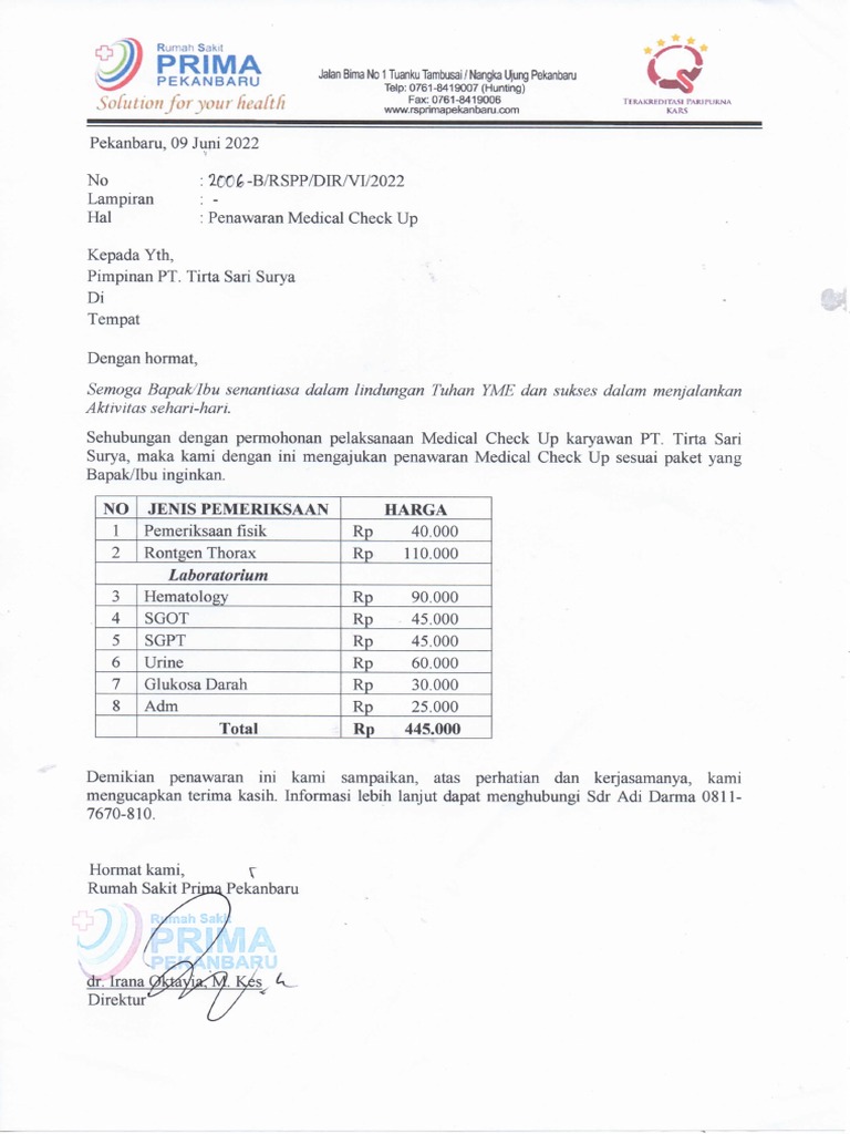 Penawaran MCU PT Tirta Sari Surya | PDF
