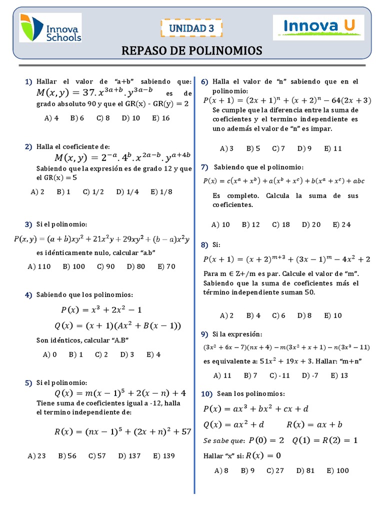 Ficha de Repaso - Polinomios | PDF | Aritmética | Álgebra