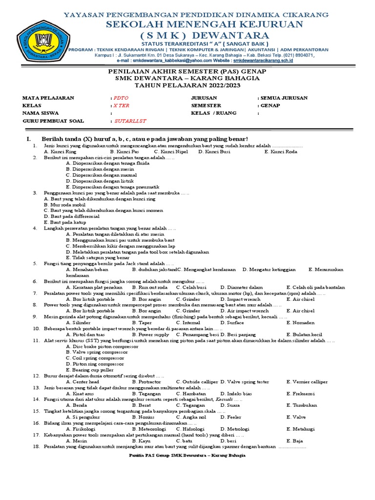 Kelas X TKR - Pdto - Sutarli, ST - (Soal Pas Genap) | PDF