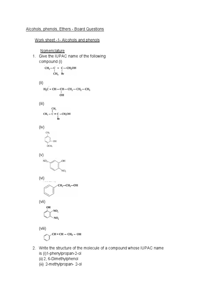 Alcohols, Phenols, Ethers - Board Questions | PDF | Alkene | Acid