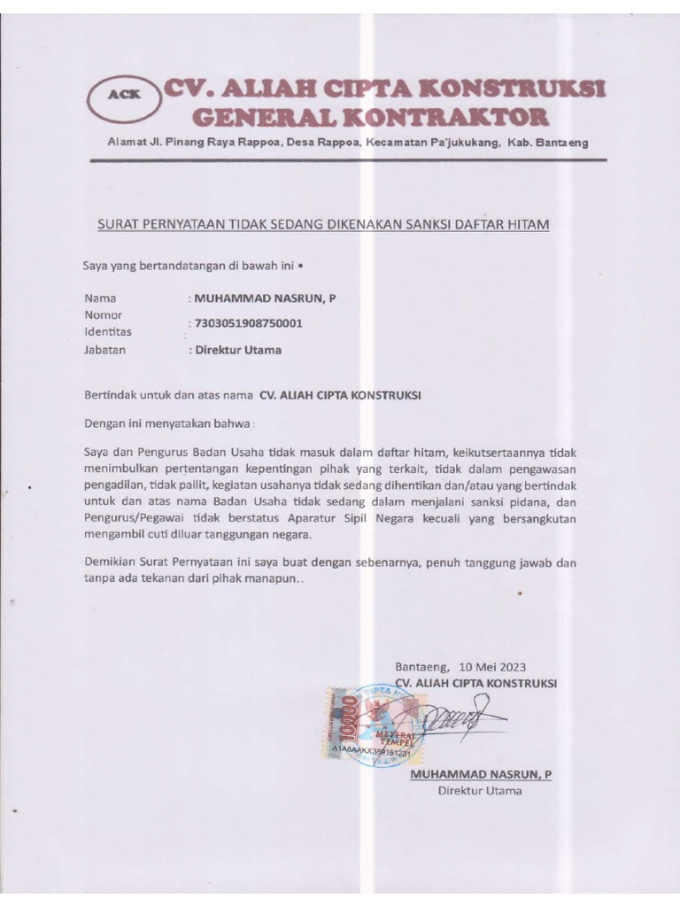 Surat Pernyataan Tidak Sedang Dikenakan Sanksi Daftar Hitam Aliah | PDF