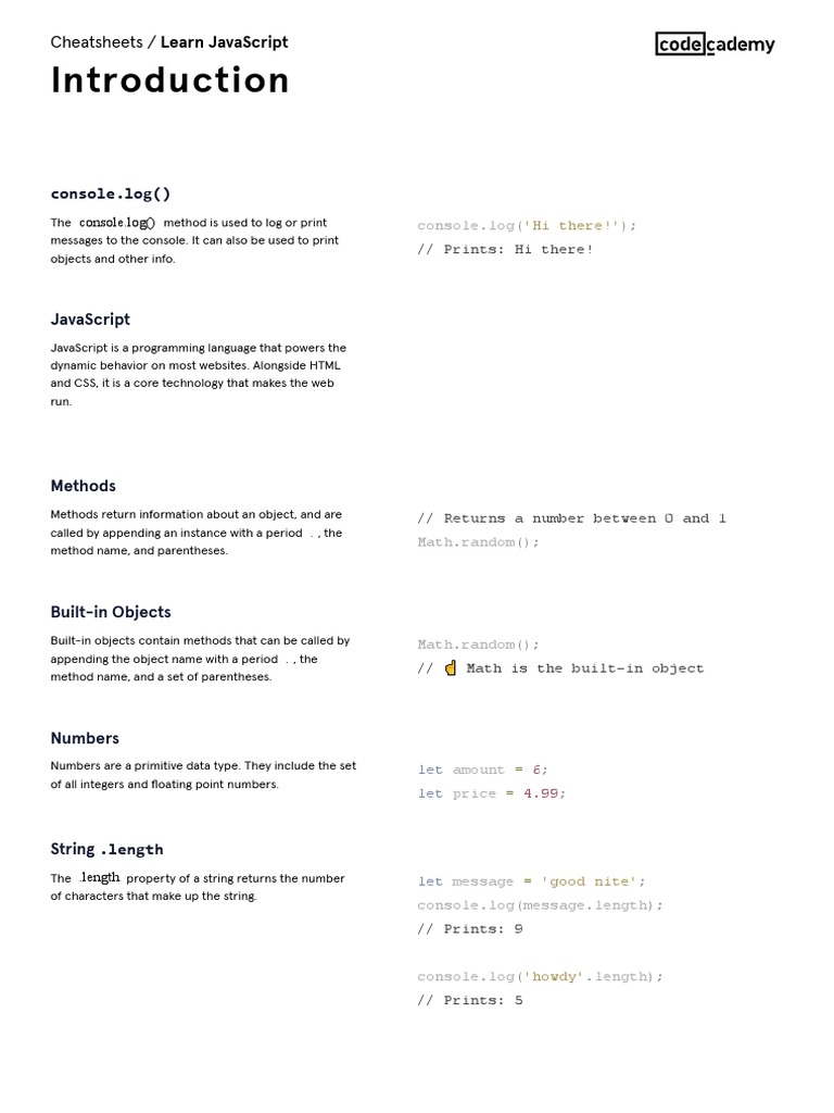 Codecademy Cheatsheets Pdf Java Script Variable Computer Science