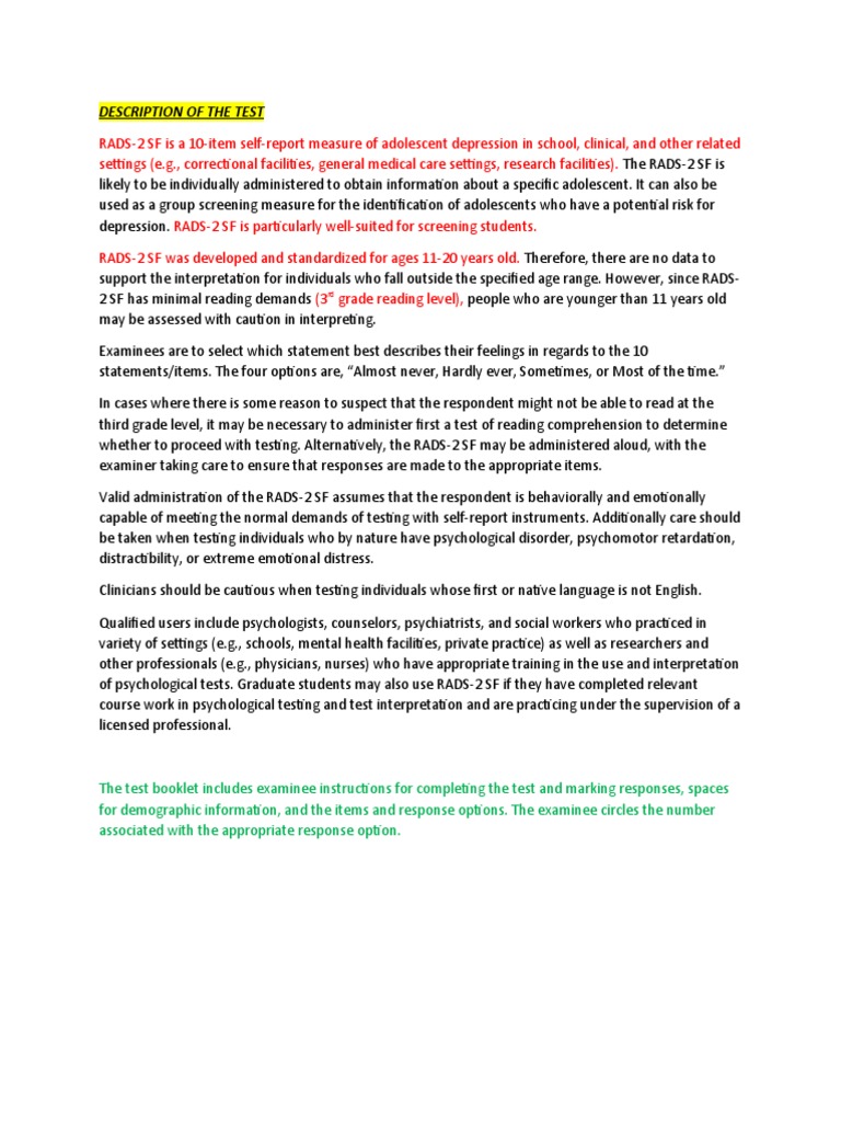 Reynolds Adolescent Depression Scale | PDF | Mental Disorder | Major ...