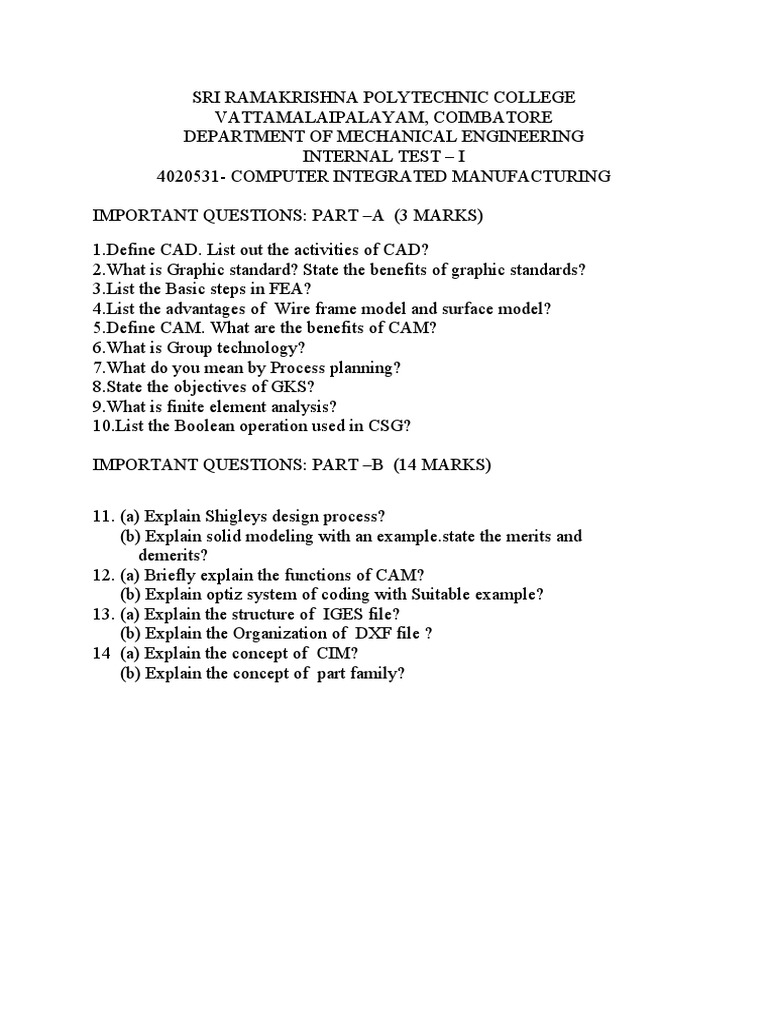 Cim Int 1 Important Questions | PDF