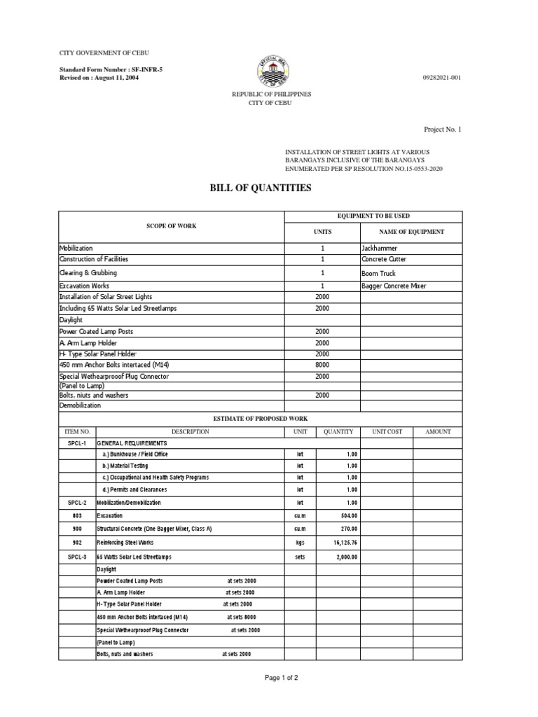 Copy of Annex B P1 Installation of Street Lights BOQ | PDF ...