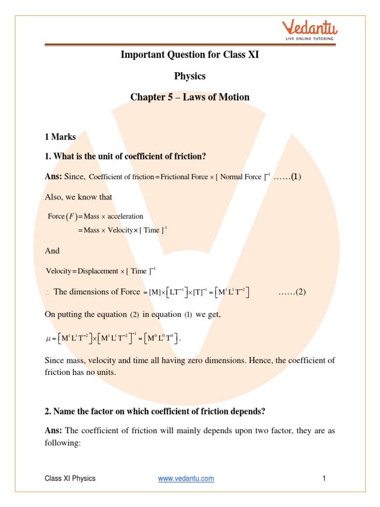Important Questions For CBSE Class 11 Physics Chapter 5 | PDF | Force | Acceleration