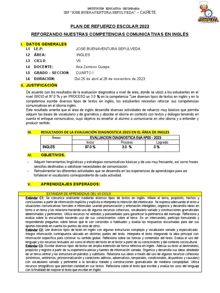 Plan de Refuerzo Escolar | PDF | Evaluación | Idioma en Inglés