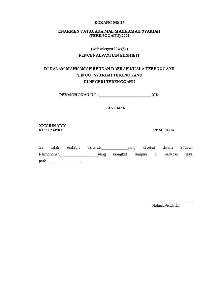 Borang MS 27 Bagi Kes Sebelah Pihak Sahaja | PDF