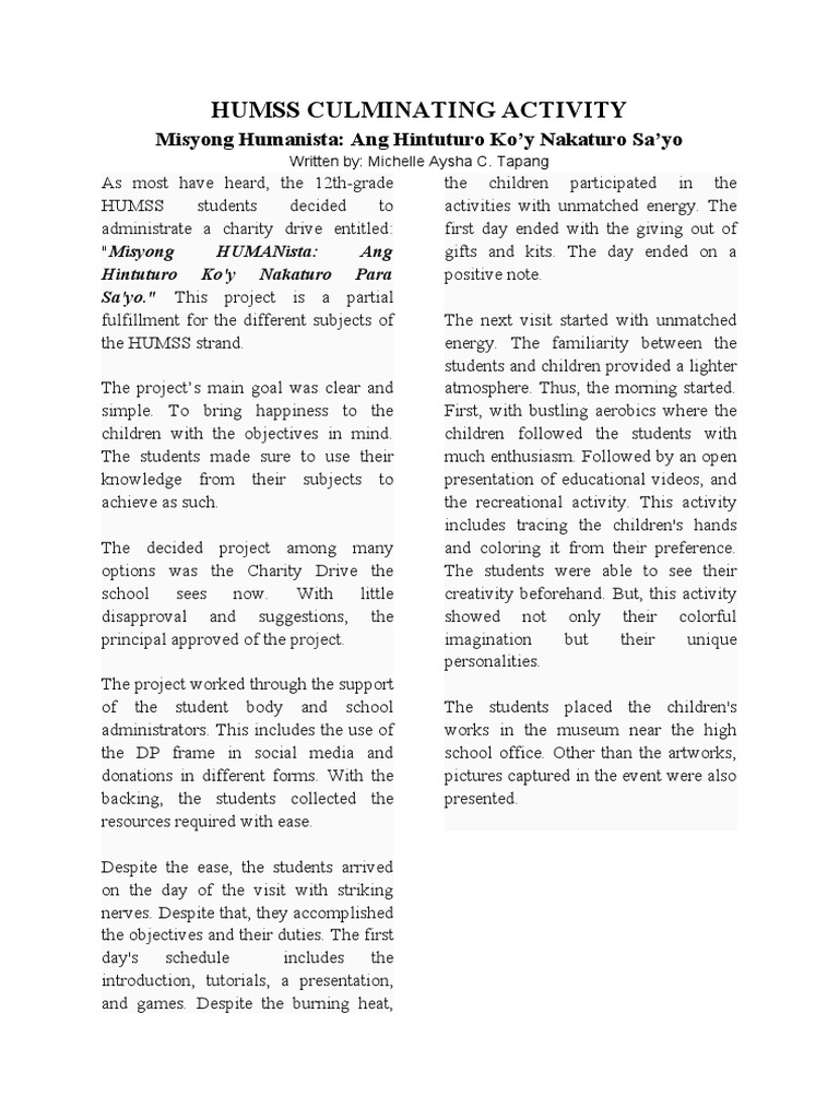 HUMSS Culminating Activity | PDF
