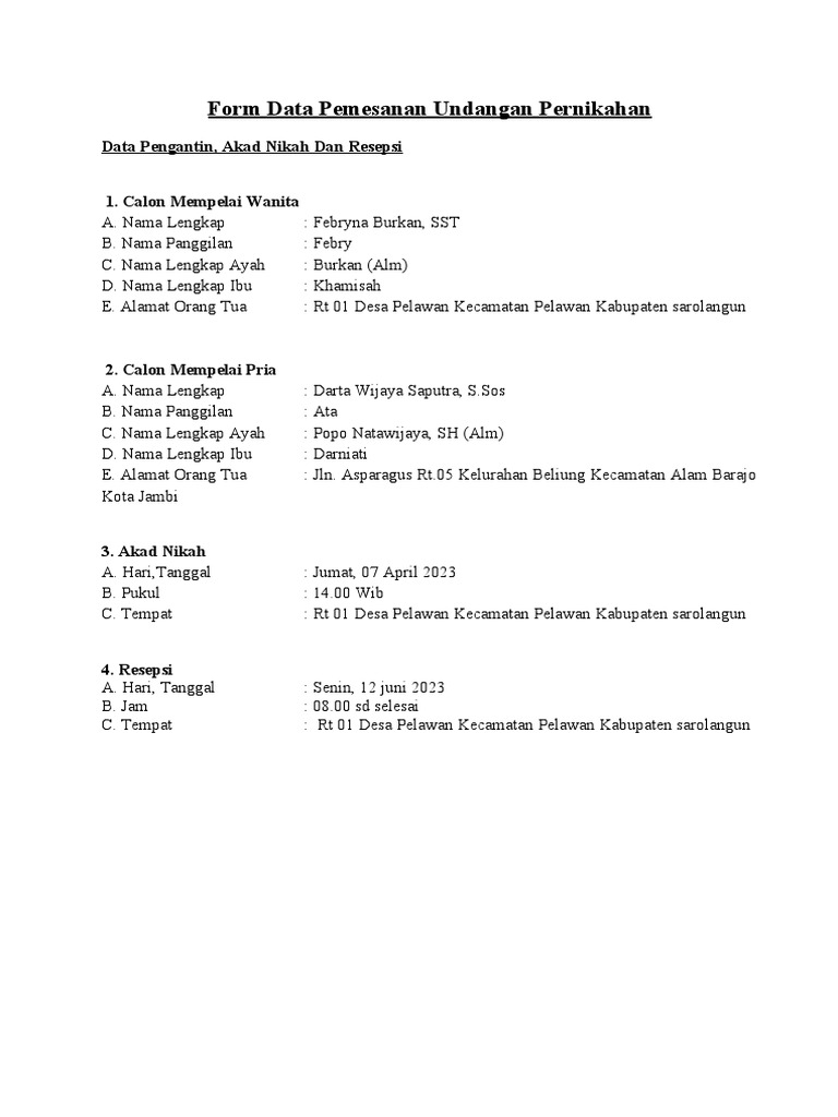 Form Data Pemesanan Undangan Pernikahan | PDF
