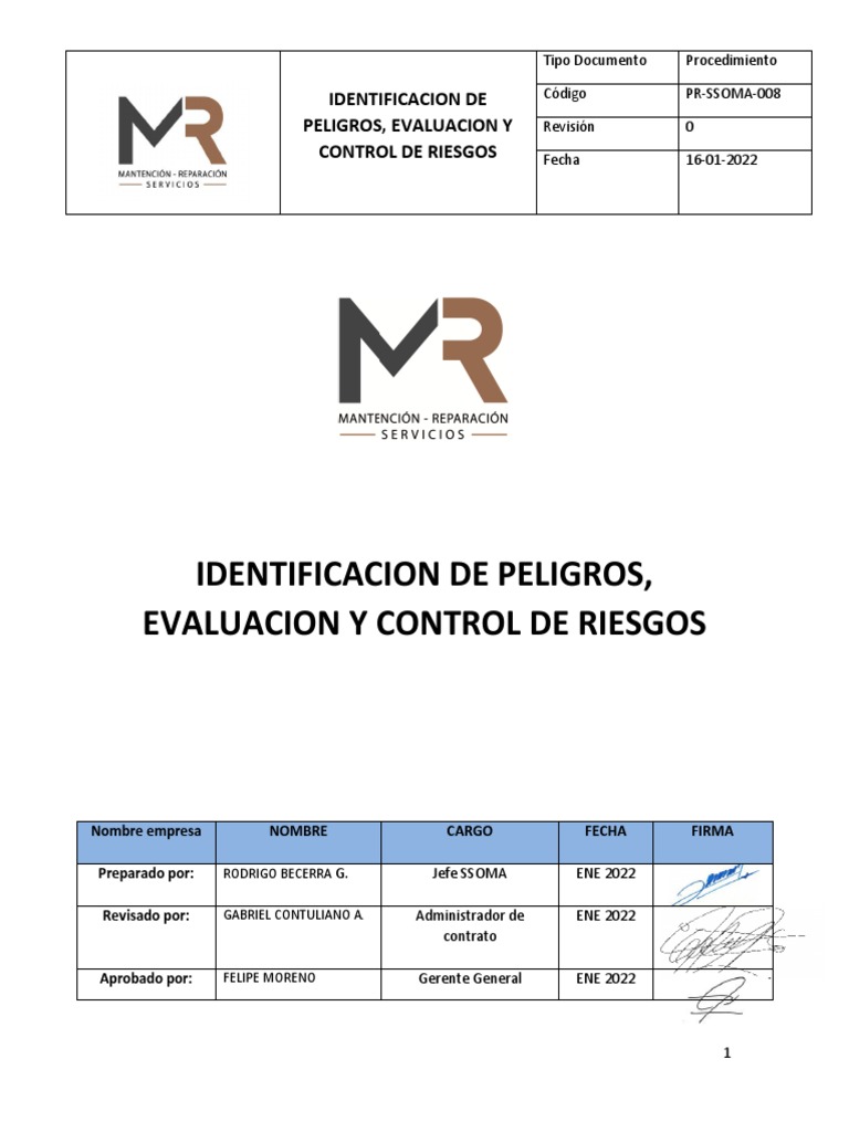 Procedimiento Identificacion de Peligros, Evaluacion y Control de Riesgos MR | PDF | Riesgo ...