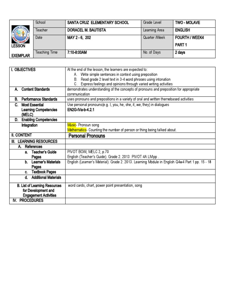 LESSON EXEMPLAR IN ENGLISH Q4W4 | PDF | English Language | Grammatical ...