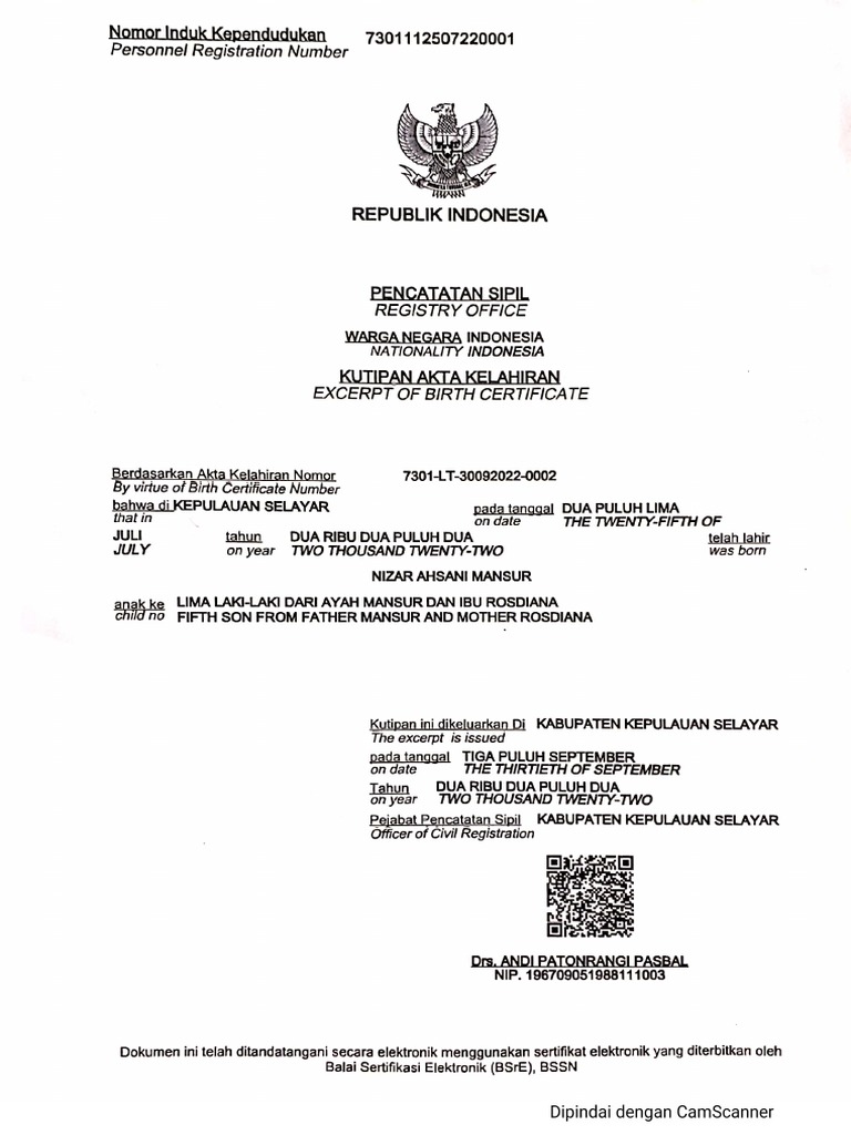 Akta Lahir Nizar Ahsani Mansur | PDF