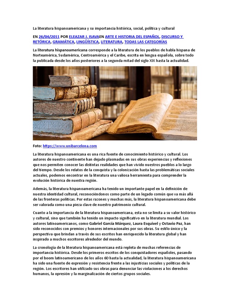 Importancia de la Literatura Hispanoamericana | PDF | Literatura ...