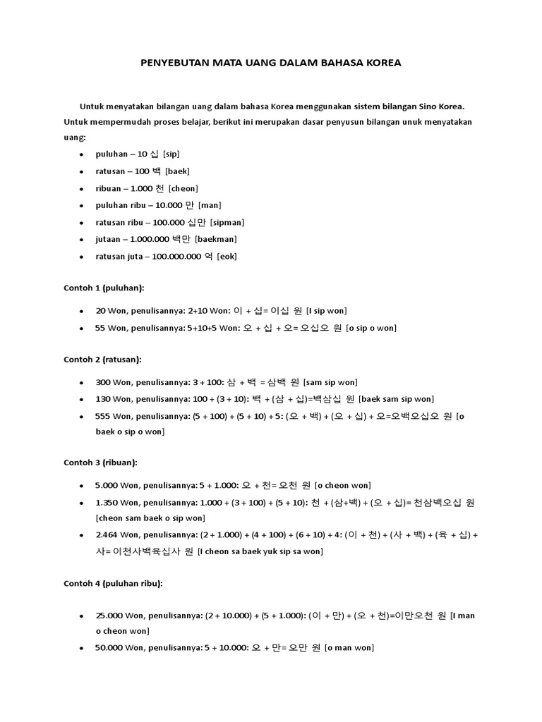 Penyebutan Mata Uang Dalam Bahasa Korea | PDF