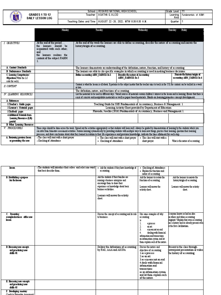 DLL Fabm1 Week1 | PDF | Learning | Accounting