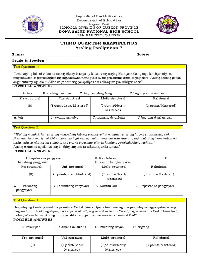 Filipino 7-3q-Exam | PDF