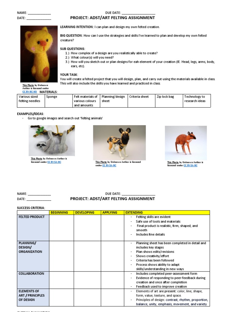 Felting Criteria Sheet Handout Examples | PDF