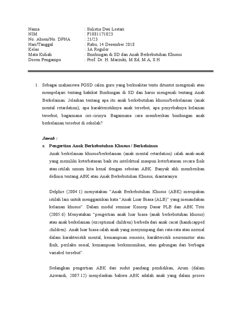 Uas Bimbingan Anak Di SD & Abk - Sulistia Dwi Lestari - 3a Reguler | PDF