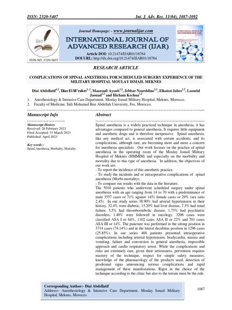 Spinal Anesthesia Complications Study | PDF | Anesthesia | Surgery