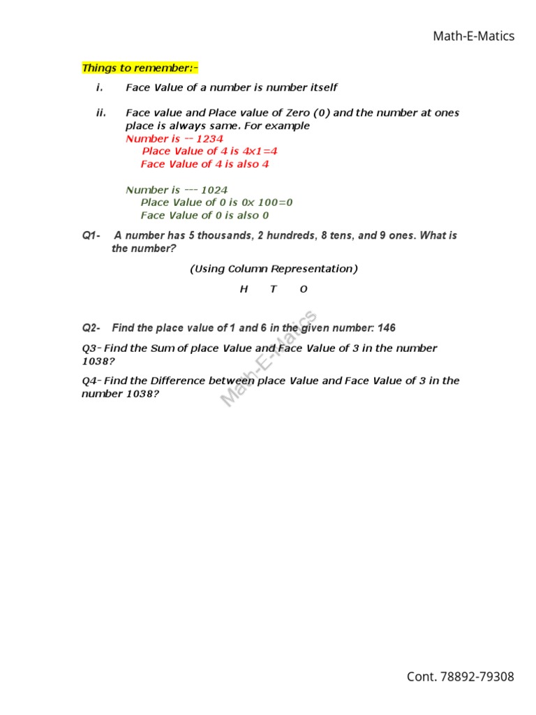 Face Value and Place Value Explained | PDF