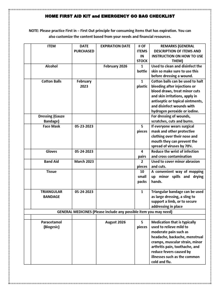 First Aid Kit & Emergency Go Bag Checklist | PDF | Wound | Public Health