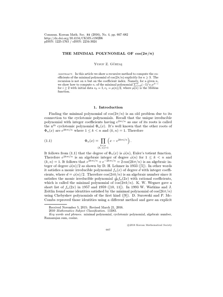 THE MINIMAL POLYNOMIAL OF cos (2π - n) | PDF | Polynomial | Algebra