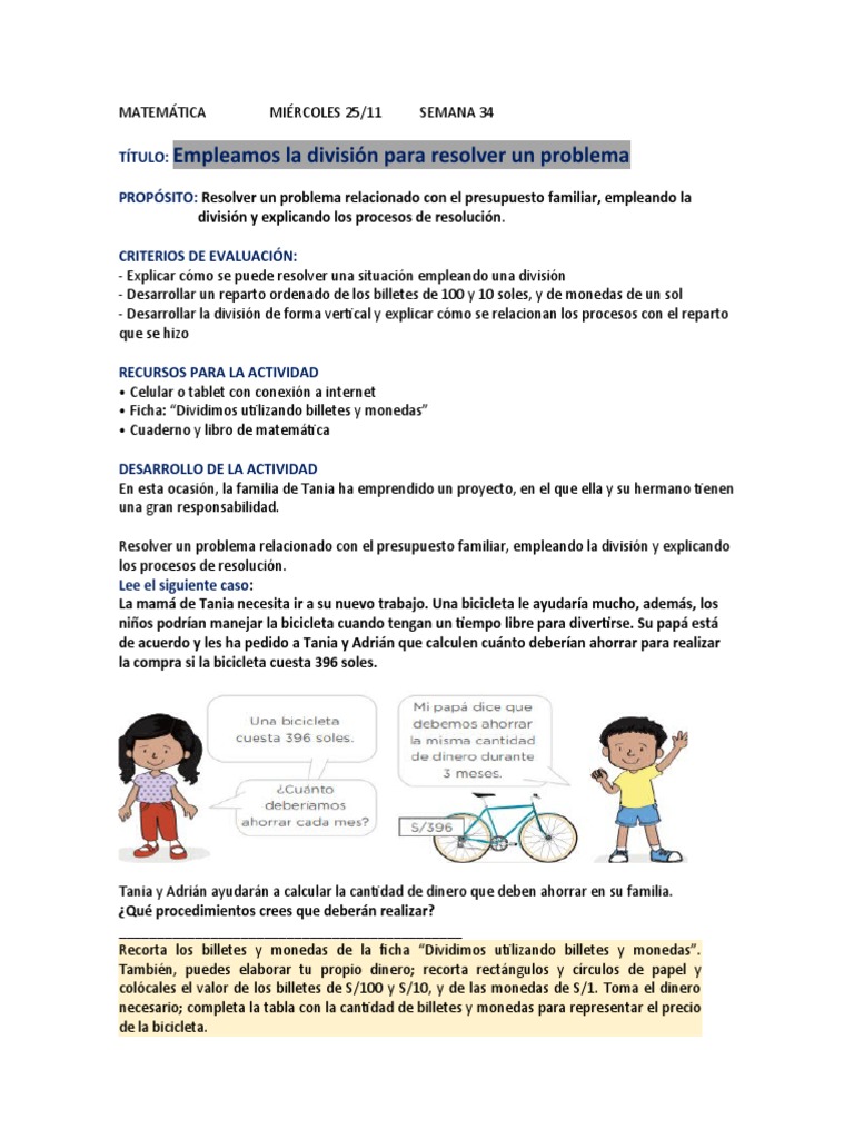Empleamos La División para Resolver Un Problema: Título: Propósito ...