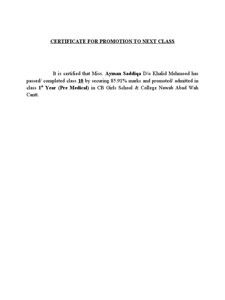 Certificate For Promotion To Next Class | PDF