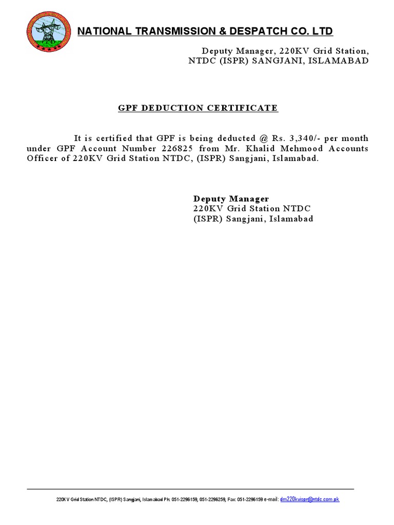 GPF Deduction Certificate for Mr. Mehmood | PDF