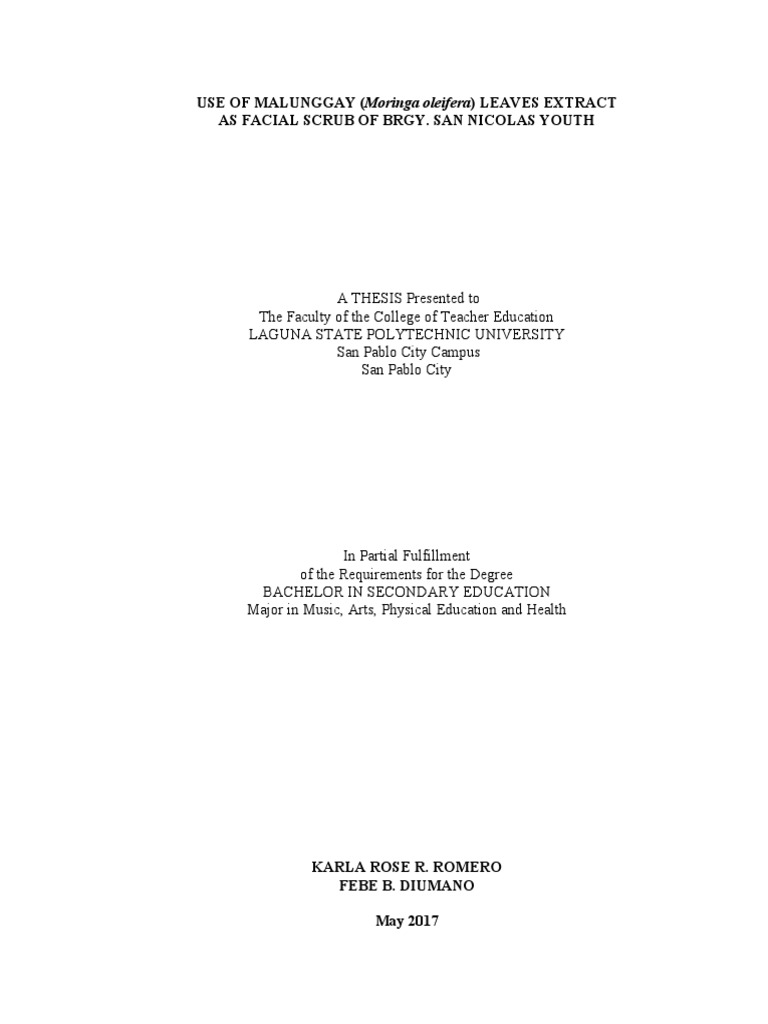 Use of Malunggay (Moringa Oleifera) Leaves Extract As Facial Scrub of Brgy. San Nicolas Youth ...