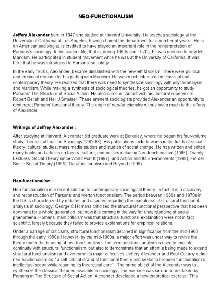 Neo Functionalism | PDF | Sociology | Theory