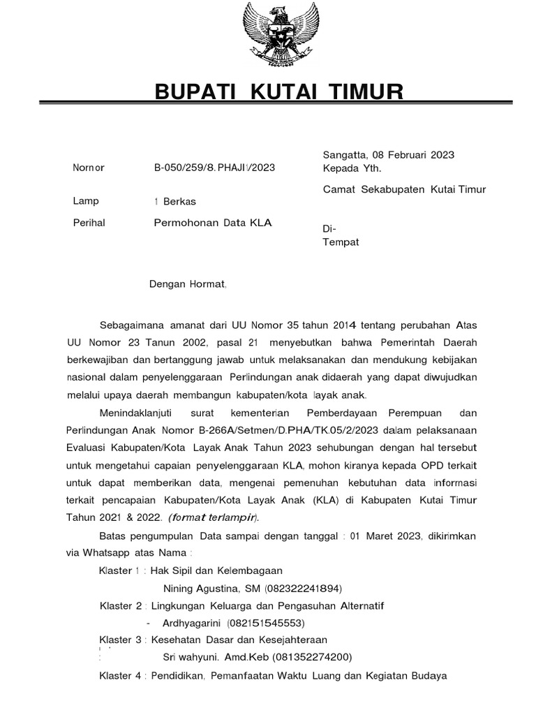 Surat Permohonan Data Kla Sekecamatan Kutim | PDF
