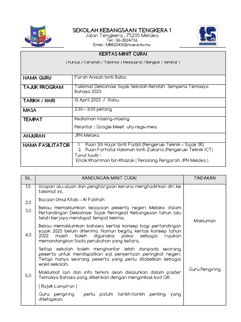 KERTAS MINIT CURAI PANITIA BM | PDF