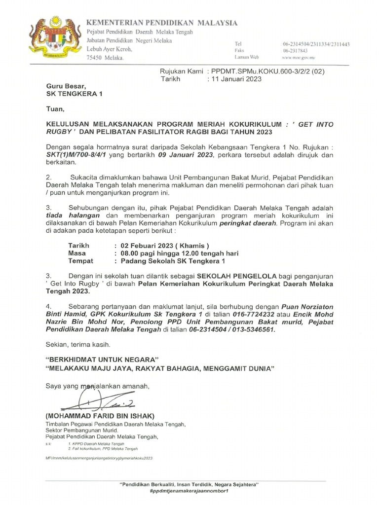 Surat Kelulusan Penganjuran Meriah Koku SK Tengkera 1 2023 | PDF