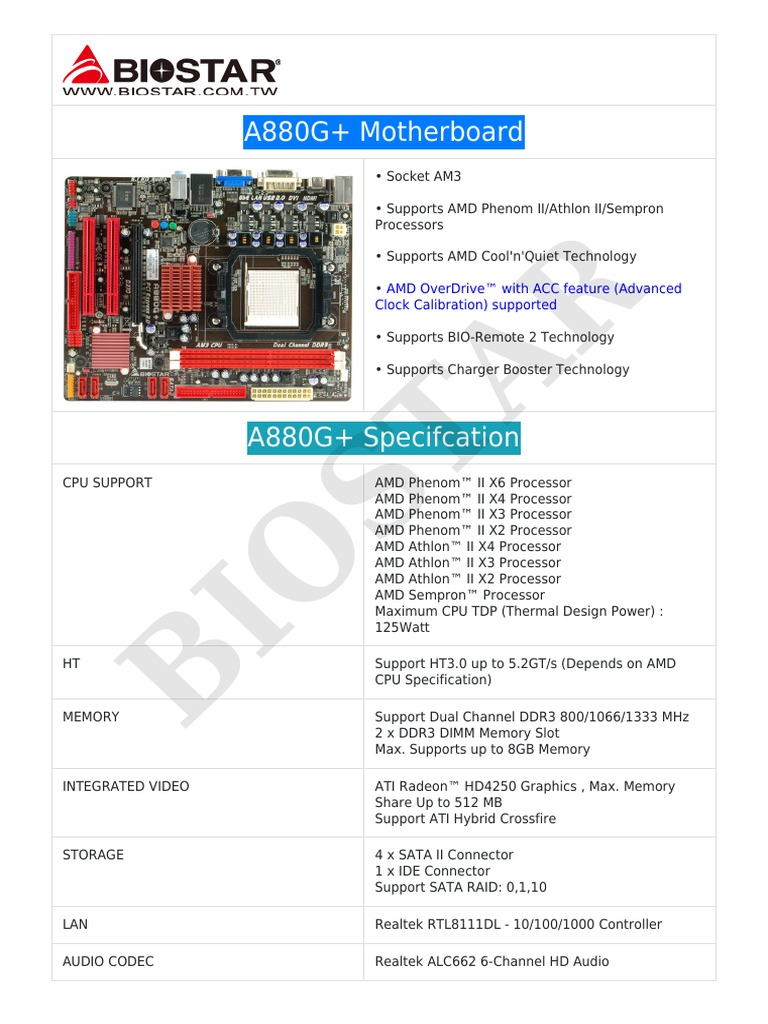 Biostar A880g+ Spec | PDF