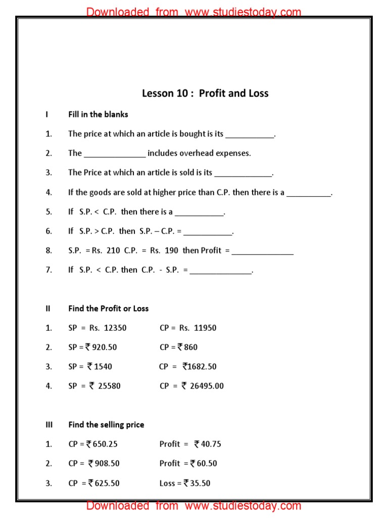 CBSE Class 5 Mathematics Worksheet - Profit and Loss | PDF