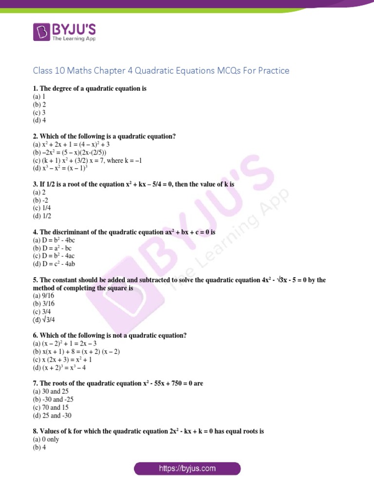 Class 10 Maths Chapter 4 Quadratic Equations MCQs for Practice | PDF
